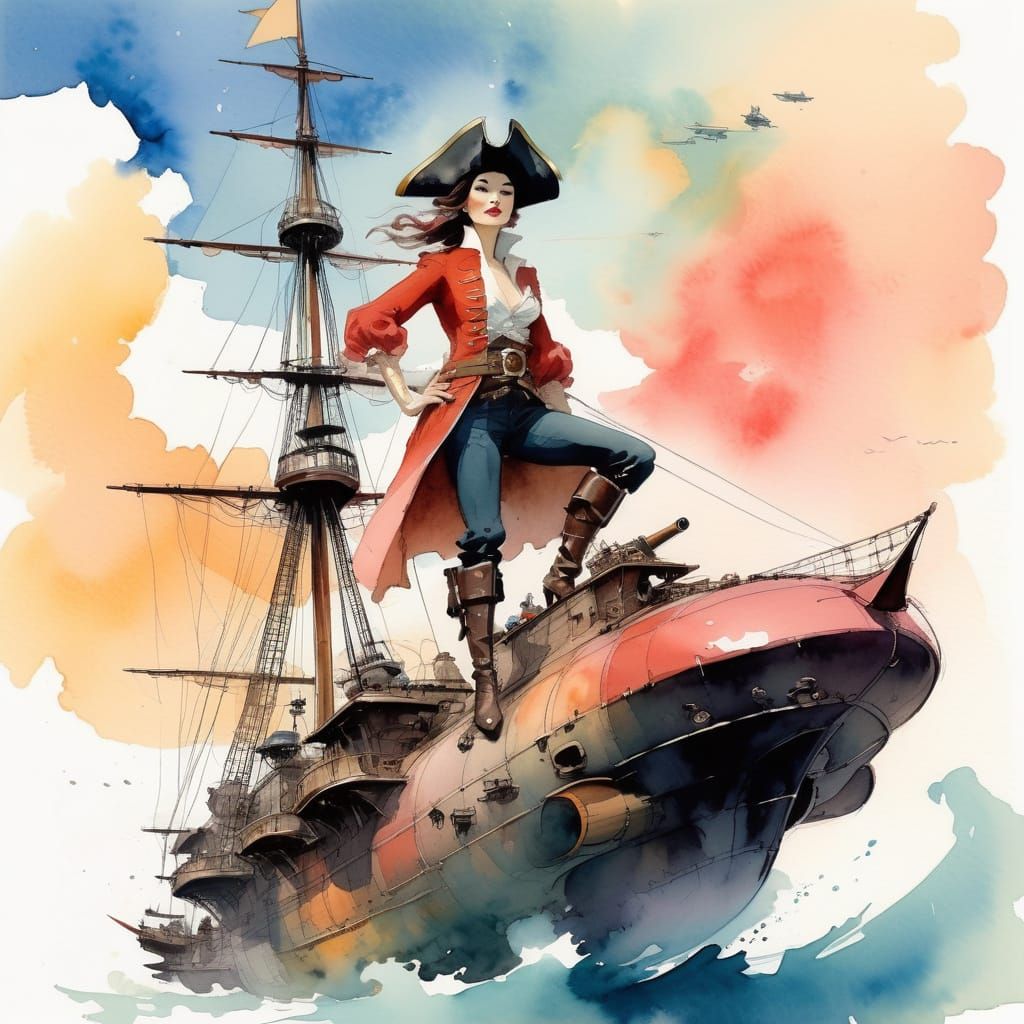 loose watercolor and ink heroic beautiful lady pirate captain on a high ...