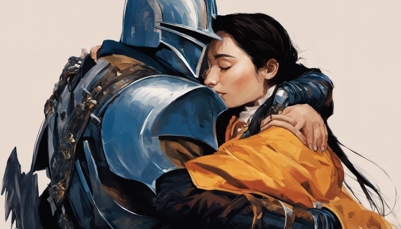 two people in medieval armor hugging embracing holding someone close ...