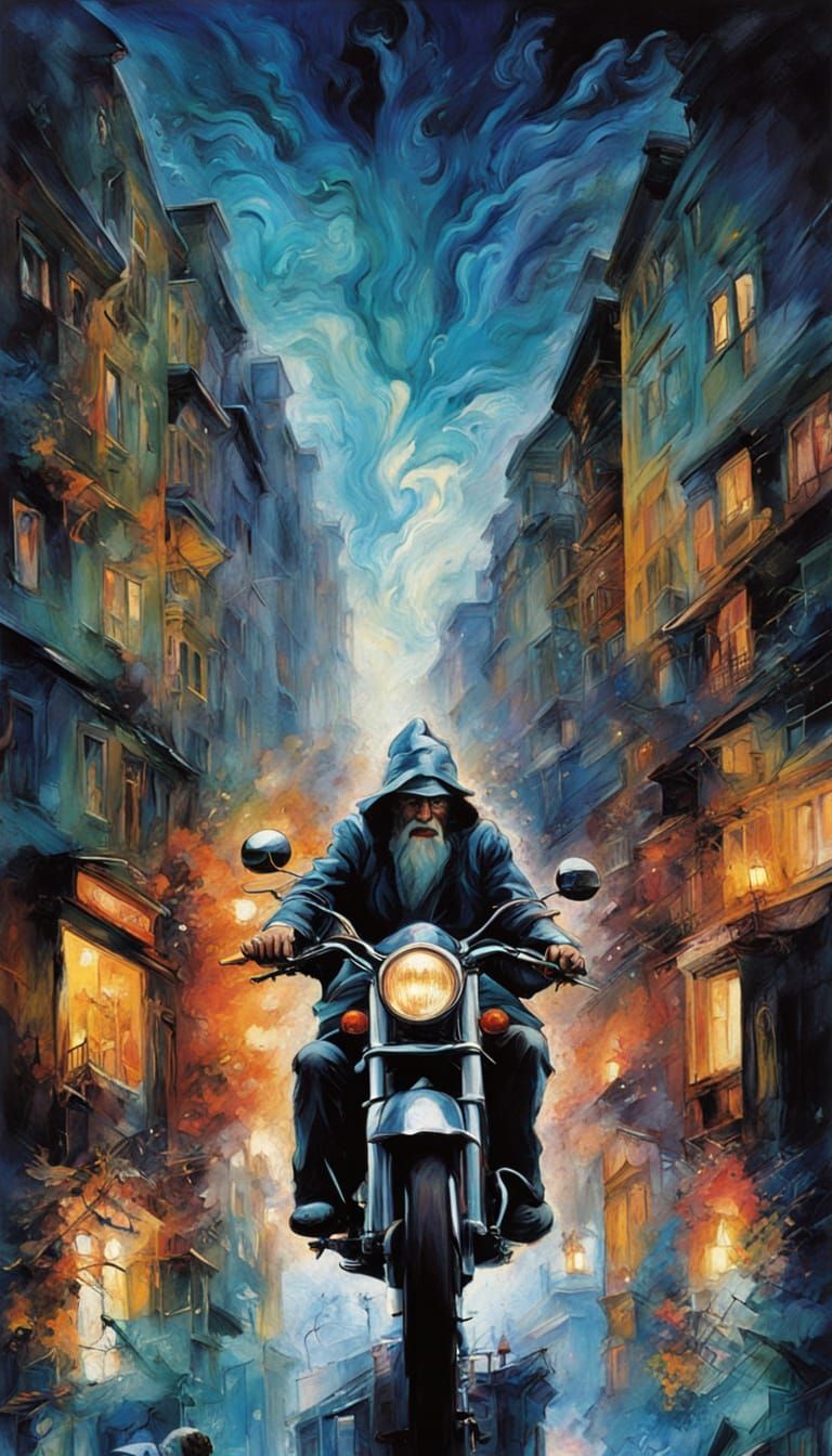 Portrait of Sir Ian McKellen As Gandalf the Gray on a motorcycle 2