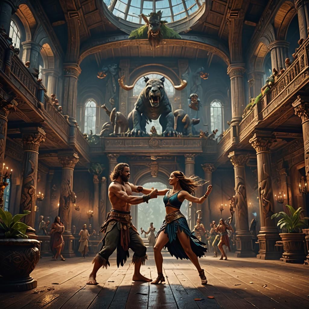 "A prehistoric man and a prehistoric woman, dance in a magnificent 19th ...