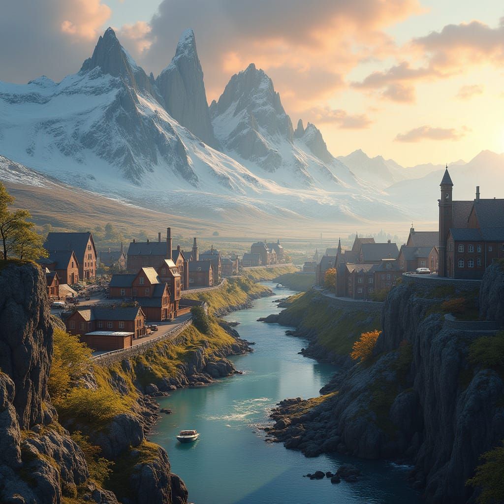 a hyper realistic sun lit, Town in a mountain