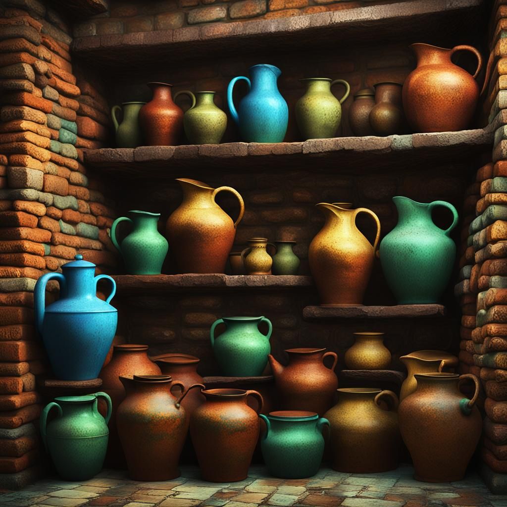 a few ancient storage jugs and pot with lids - AI Generated Artwork ...