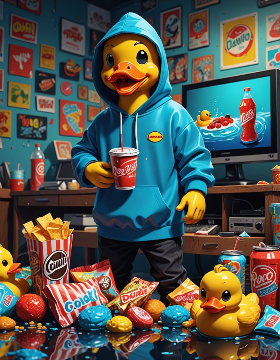 Rubber ducky wearing hoodie holding junk food and soda pop