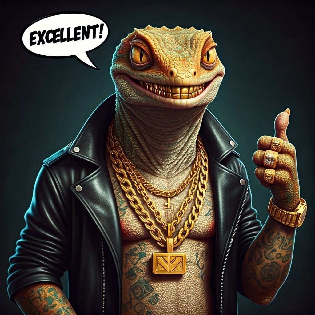 Cool Reptilian Rapper Gecko Gives Thumbs Up - AI Art