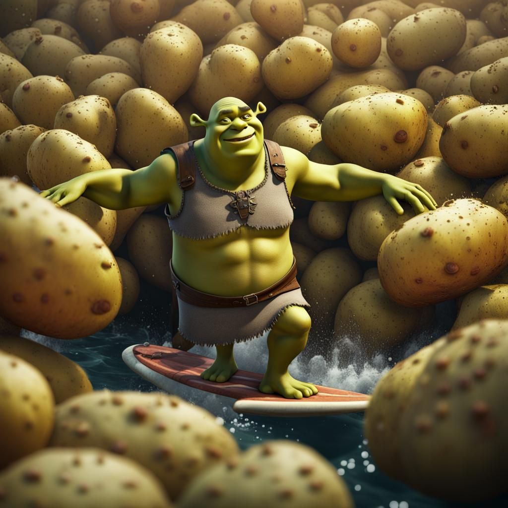 shrek surfing on a sea of potatoes - AI Generated Artwork - NightCafe ...