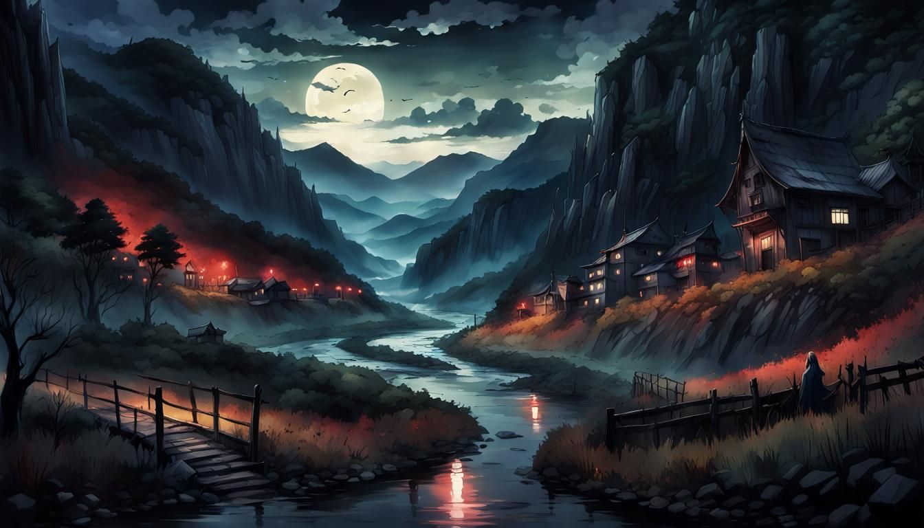 Beautiful Horror Dark Fantasy Night Valley Town (CrystalClearXL) - AI ...