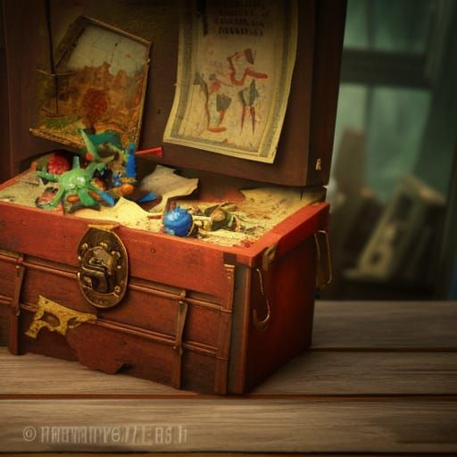Close-up - An old wooden scary chest with old different toys and things ...