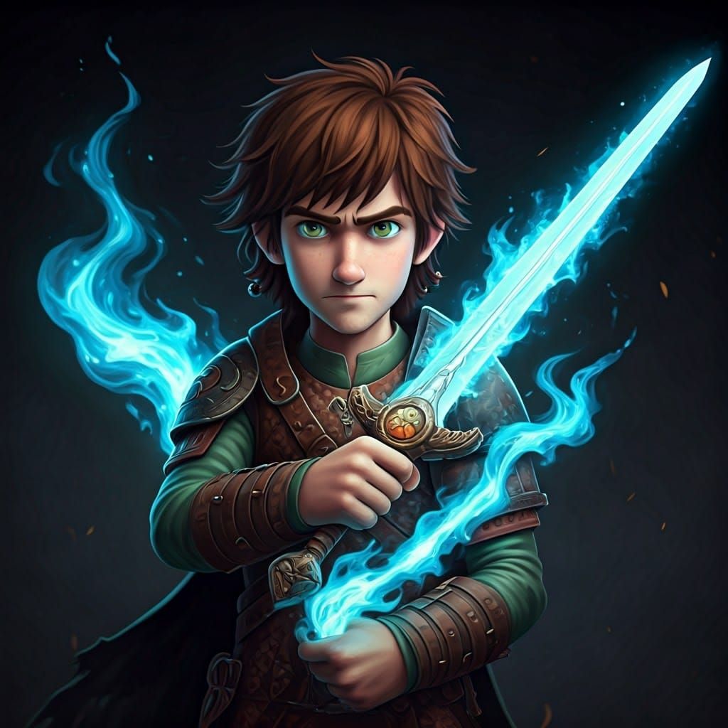 Young Hiccup Haddock Wields Blue and Green Fire Sw... - AI Art