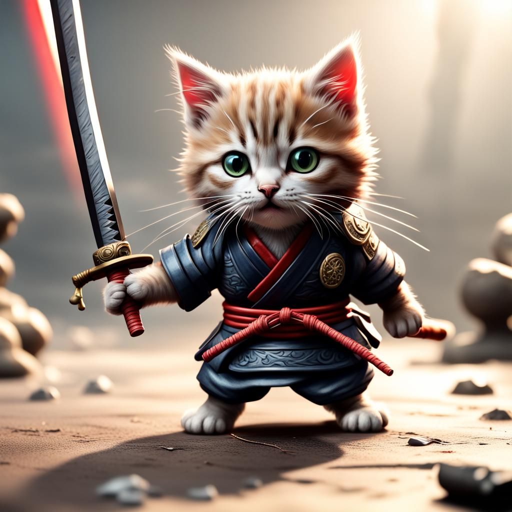 A kitten samurai in a battle with various goons, 64k resolution, a ...