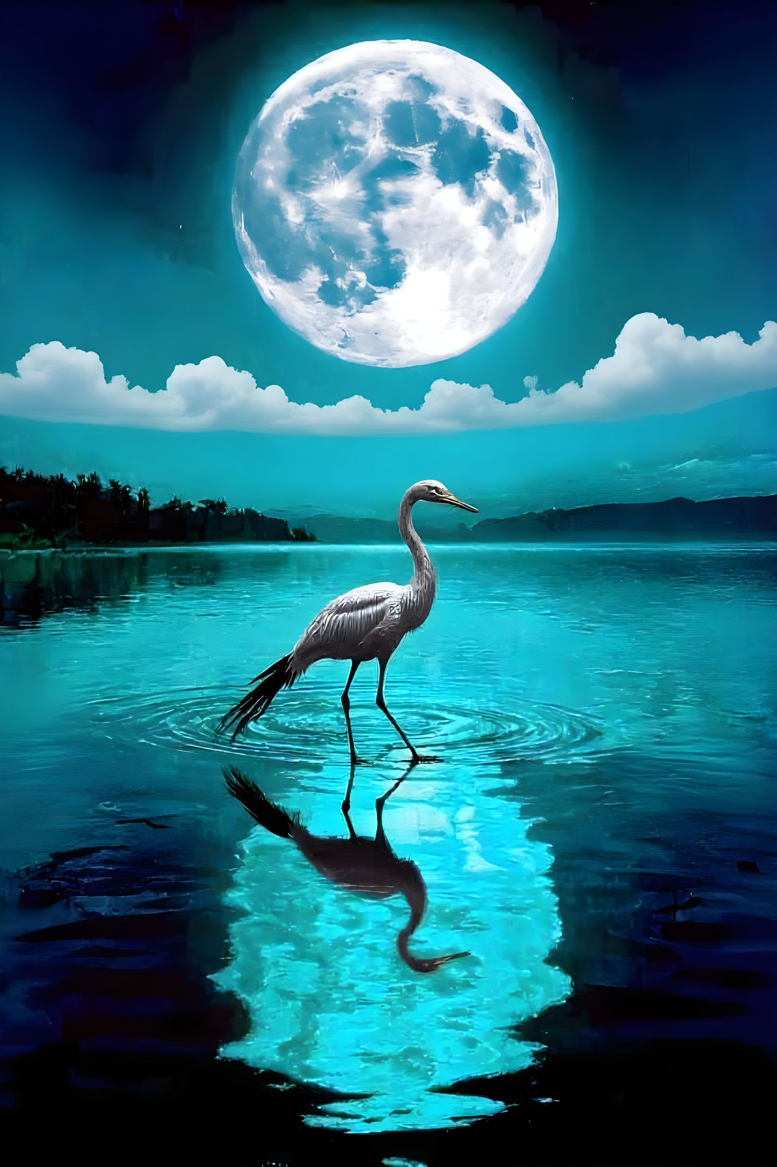 crane in the moonlight - Detailed Moonlit Crane Silhouette