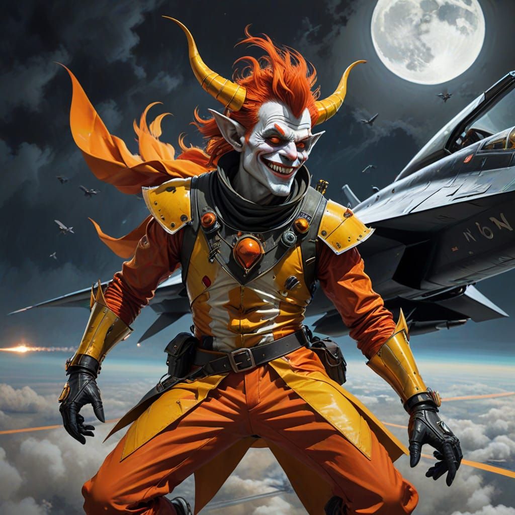 Medieval Jester Commandeers Stealth Jet in Futuris... - AI Art