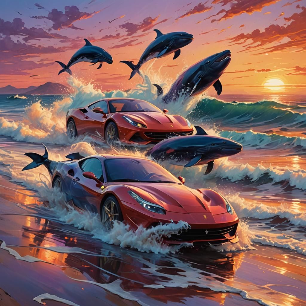 Whales driving in Ferrari - Surreal Whales Speed Off Sunset ...