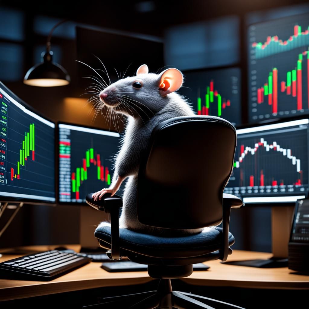 A injured rat sit on office chair trading stocks market chart in front ...
