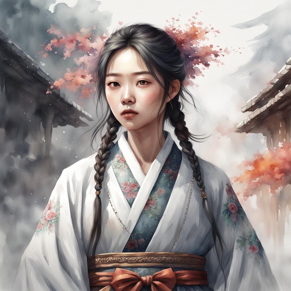 Beautiful 12 year Korean girl portrait white background watercolor - AI ...