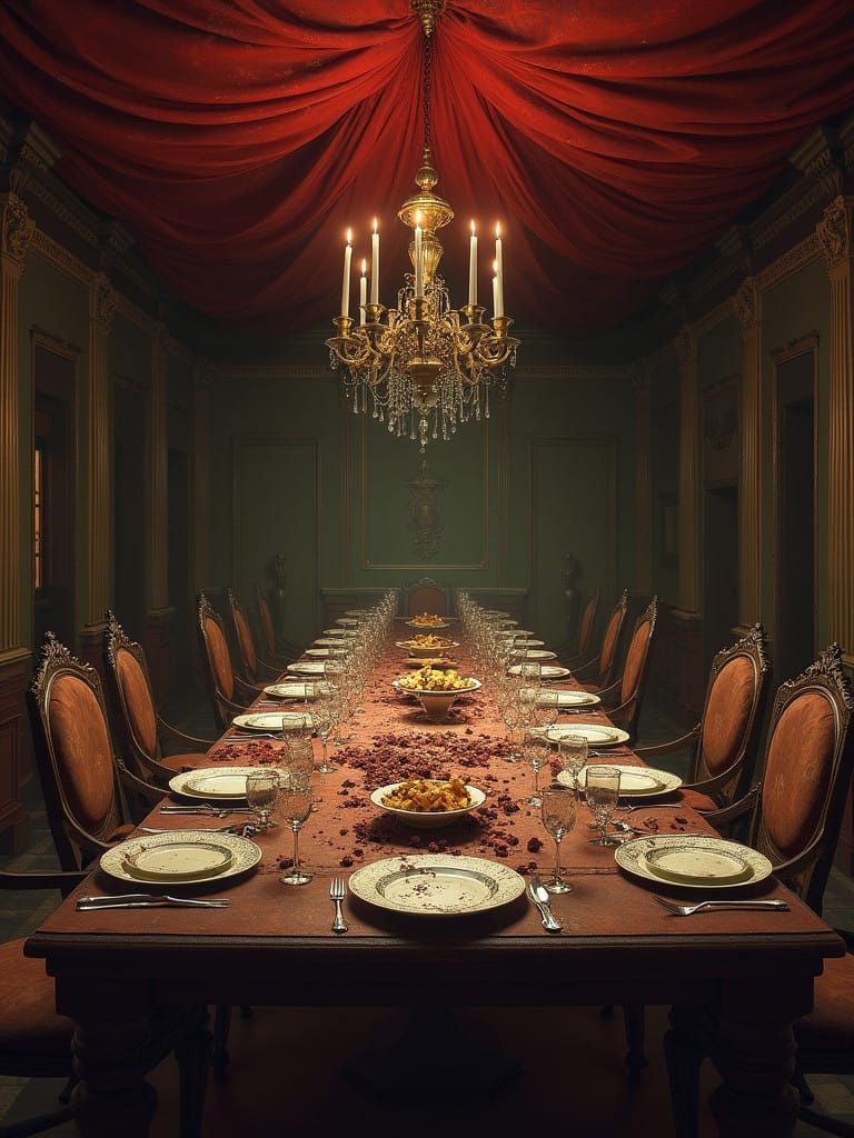 Decrepit Banquet Table in Flickering Candlelight - AI Art