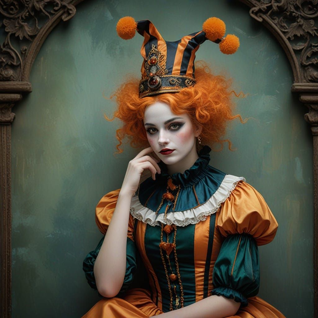 Victorian Jester Lost in Thought, Oil Painting - AI Art