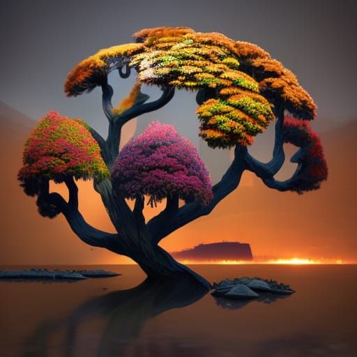 Multi colored tree in water - AI Generated Artwork - NightCafe Creator