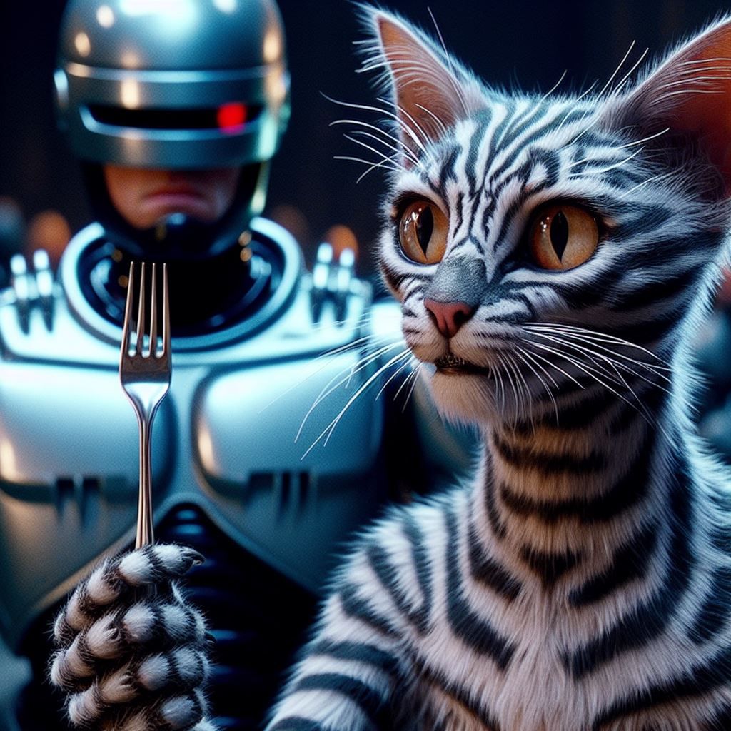 Striped Cat Holding Fork With Robocop - AI Generated Artwork ...