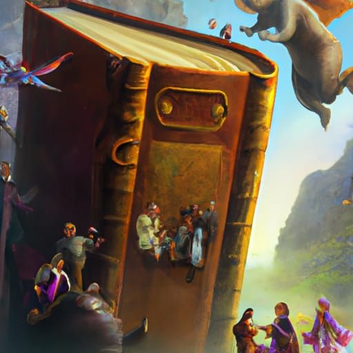 a large book with characters coming out of it, fantastical, whimsical ...