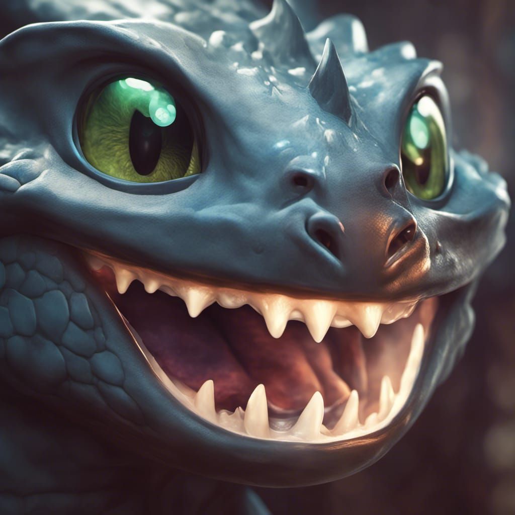 toothless cute Hyperrealistic, splash art, concept art, mid shot ...