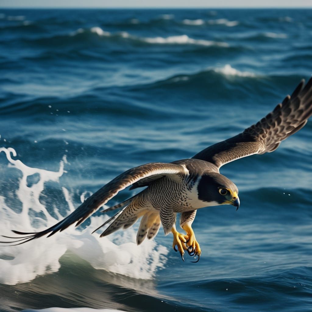 Realistic peregrine falcon diving towards an ocean