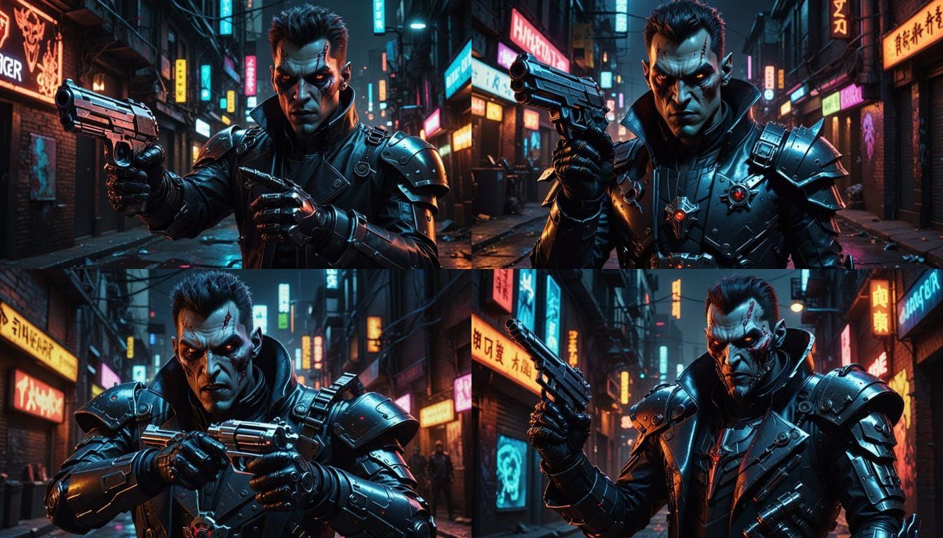 Cyborg Vampire in Medieval Futuristic Armor, Point... - AI Art