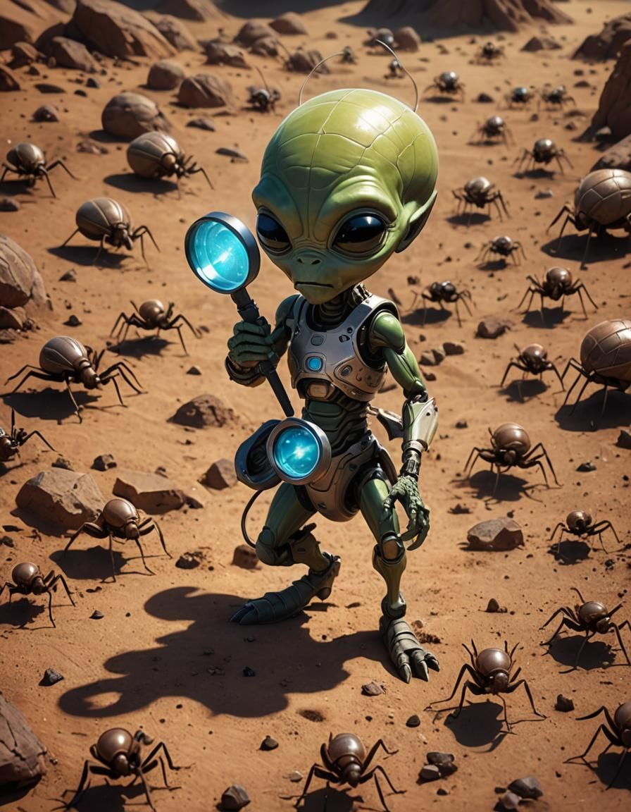 Giant toddler mischievous alien with magnifying glass using the suns ...