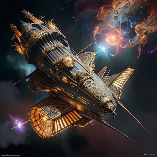 Majestic Steampunk Galaxy Starship in Vibrant Nebu... - AI Art