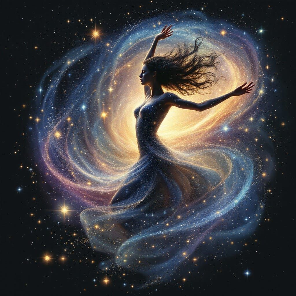 A galactic woman made of swirling stars