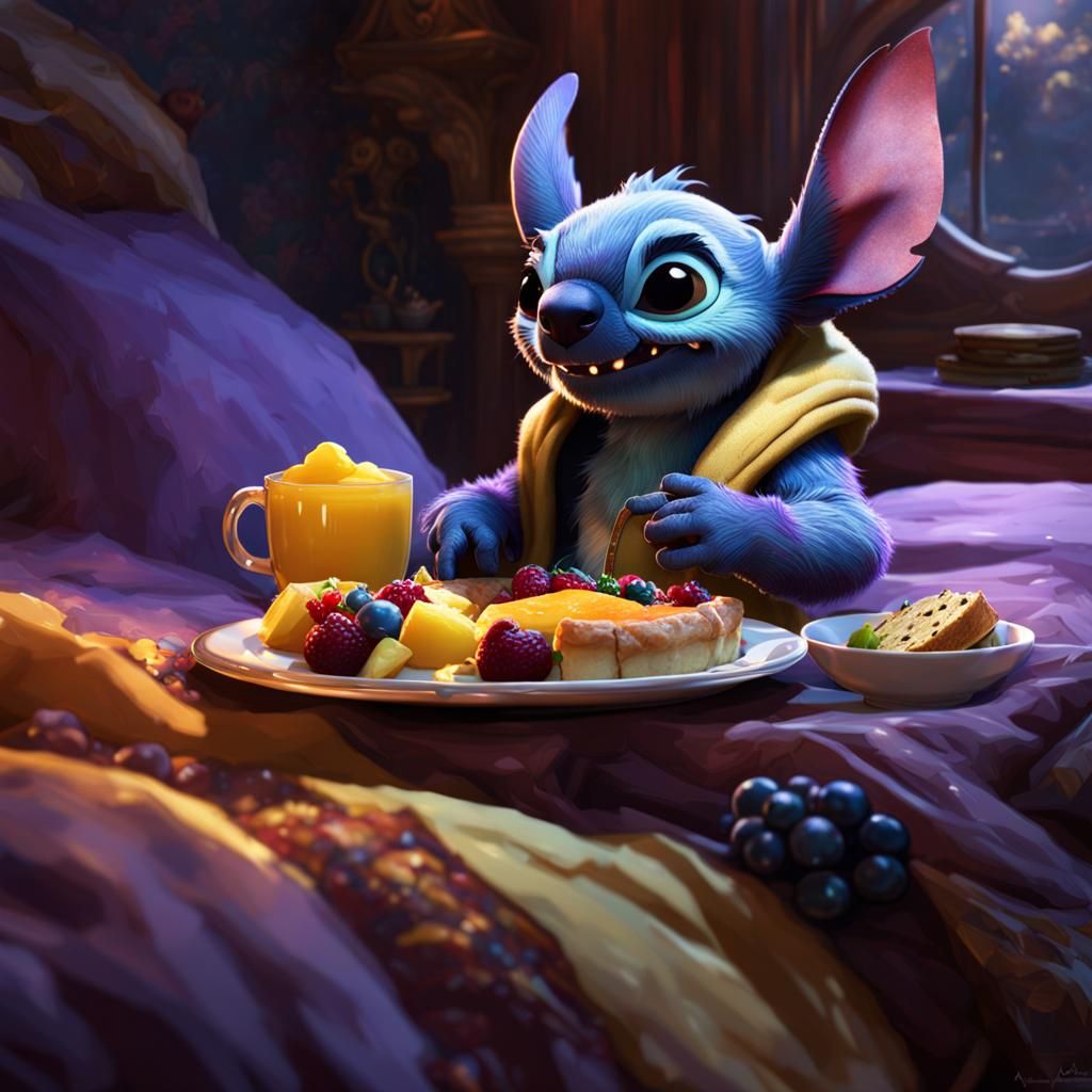 Disney stitch having breakfast in bed - AI Generated Artwork ...