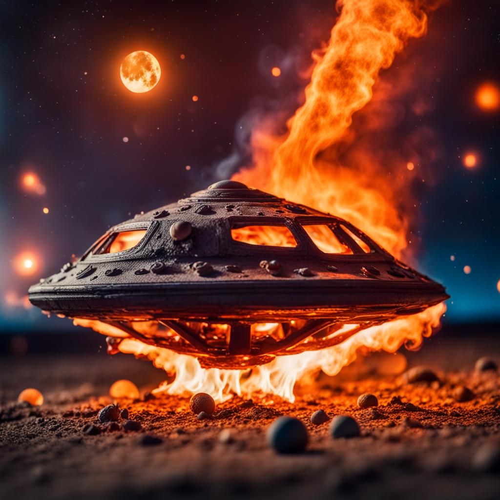 Photograph, Macro, a burning miniature alien spaceship on fire big ...