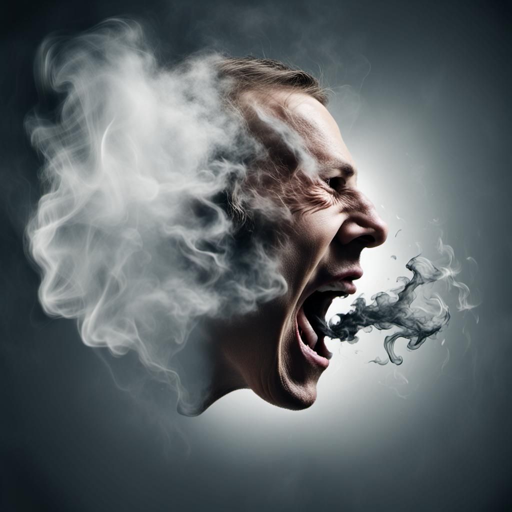 Photo of a screaming face in profile dissolving backwards into blowing ...
