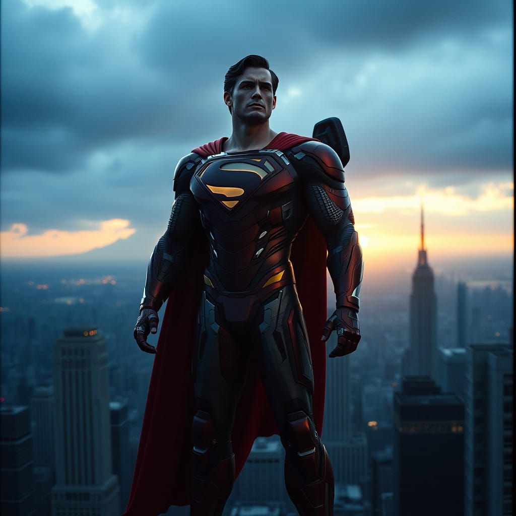 Mash-up de Superman, Homem-de-ferro e Visão. Cinematic film still, shot ...