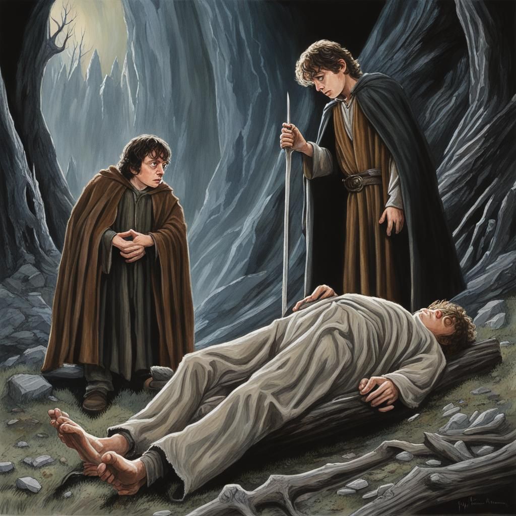 Frodo Baggins and Sam Gamgee look down at the dead body of Saruman the ...