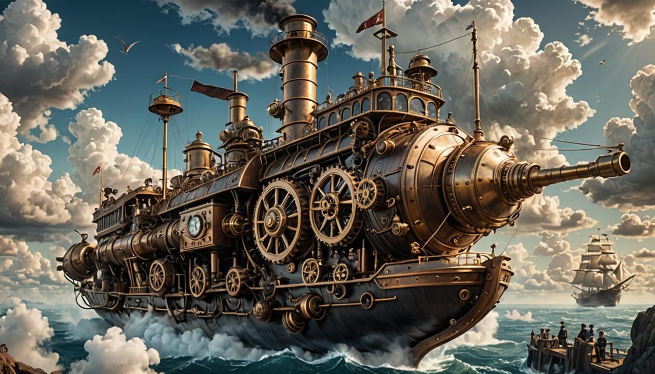 🛳️⚙️🛡️🧙‍♂️🧑‍🔧 Floating steampunk boat inspired by Jules Verne - AI ...