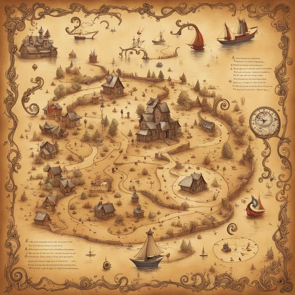 Artistic , a treasure map featuring whimsical hidden clues and symbols ...