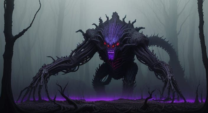 Dark, Cybernetic Beast Emerges from the Misty Wood... - AI Art