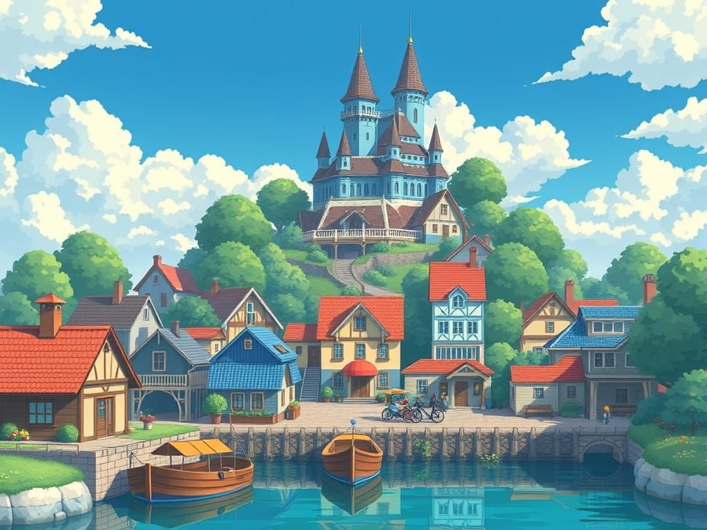 Pokémon Townscape with Blue Mansion Enclave - AI Art