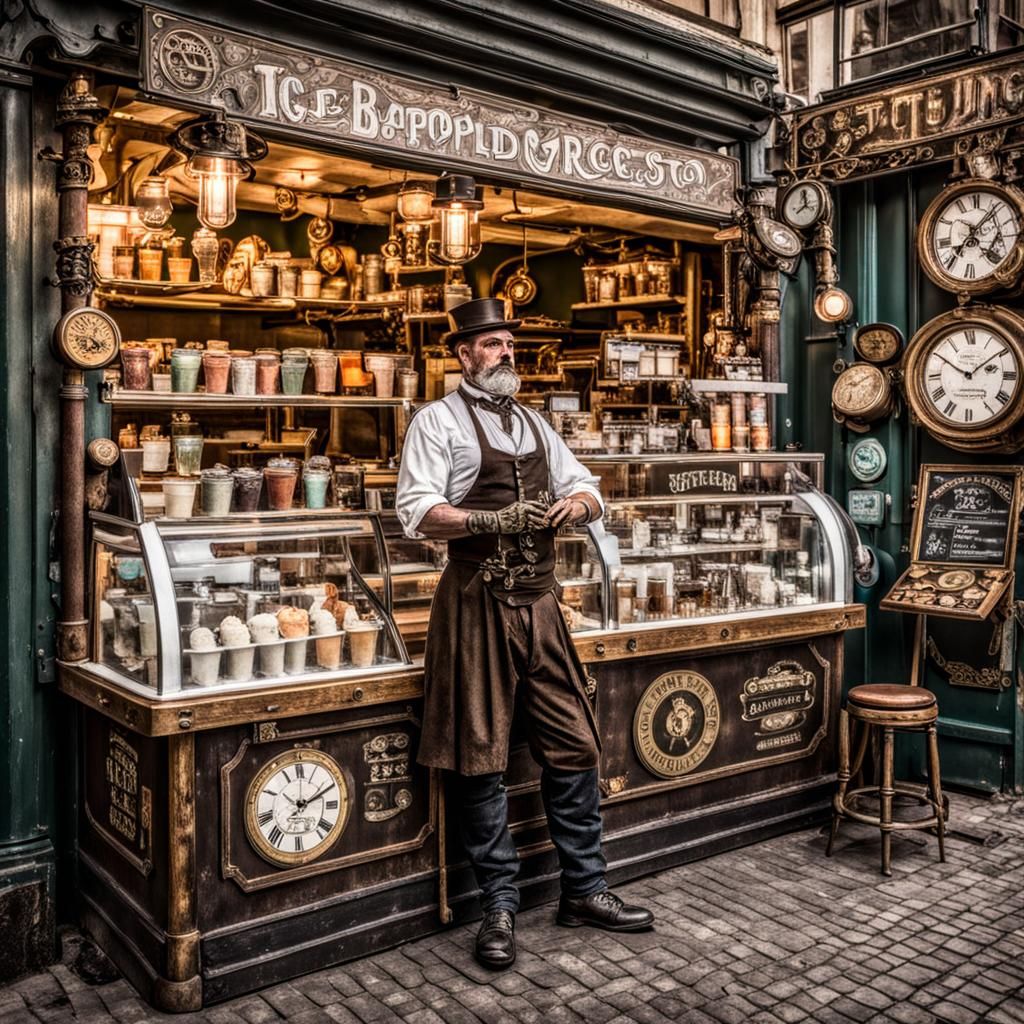 Steampunk Icecream Store with a selling tabel around a man who sell the ...
