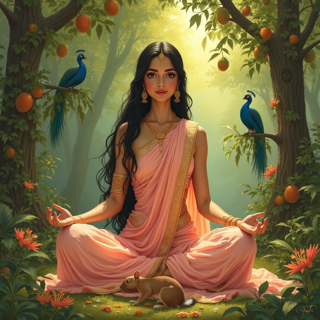 Yogini Meditation in Lush Forest, Classical Indian... - AI Art