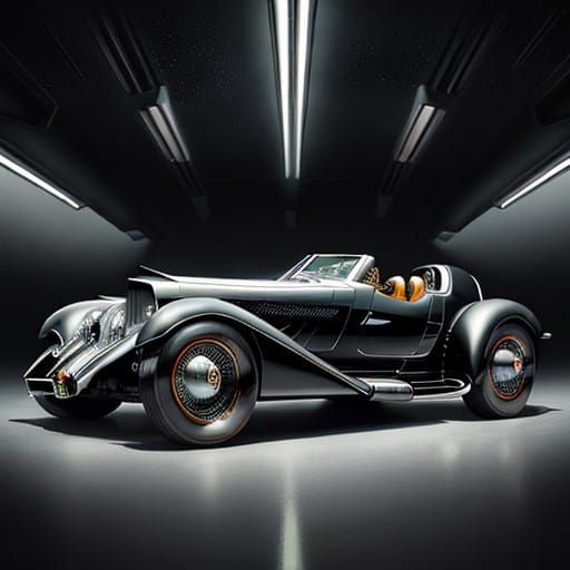 A sleek, retro-futuristic Batmobile reminiscent of 1930s design with ...