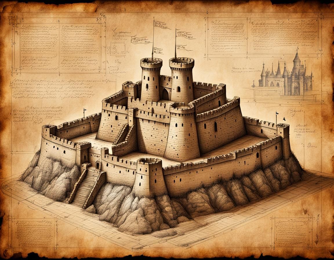 Annotated detailed blueprint of an ancient fortification, drawn on an a ...