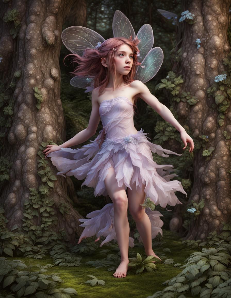 a full body portait of a young fairy living in a magical forest ...