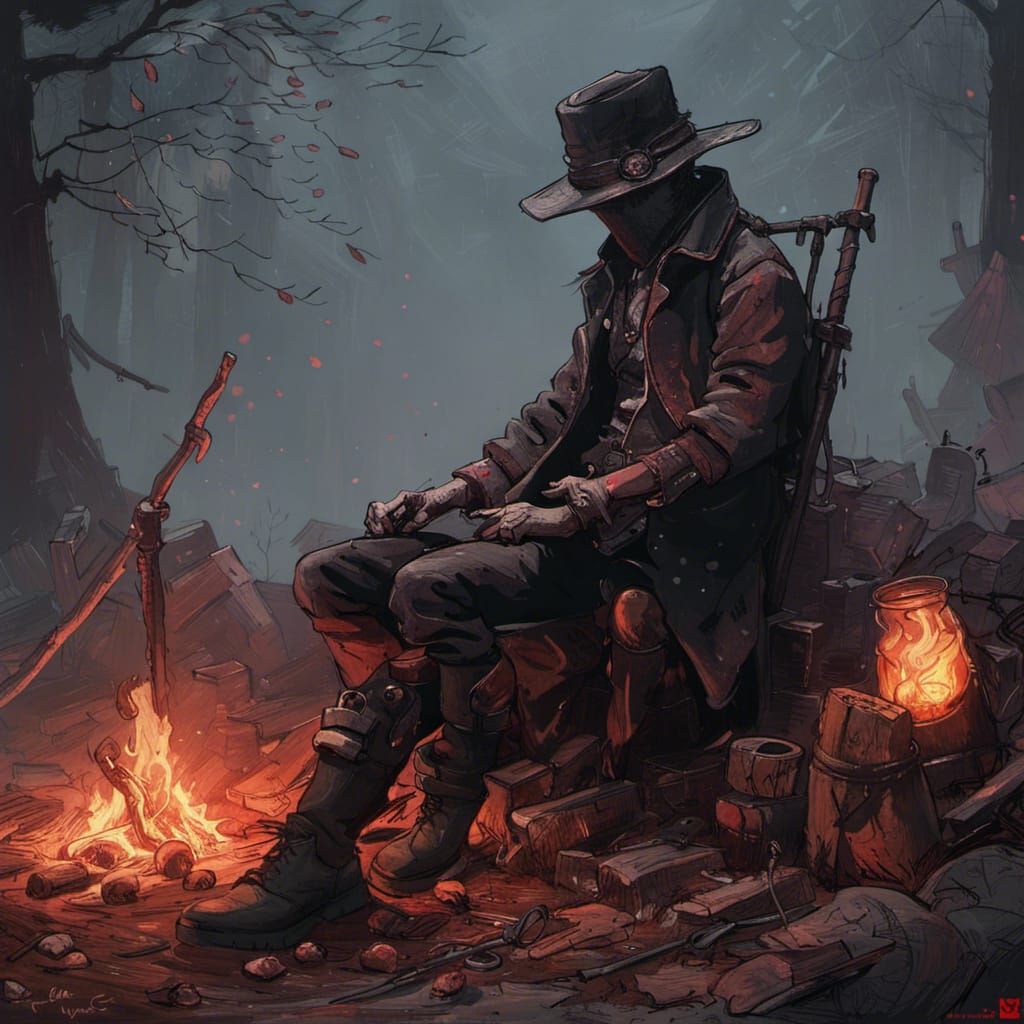 bloodborne hunter resting at a bonfire intricate and hyperdetailed ...