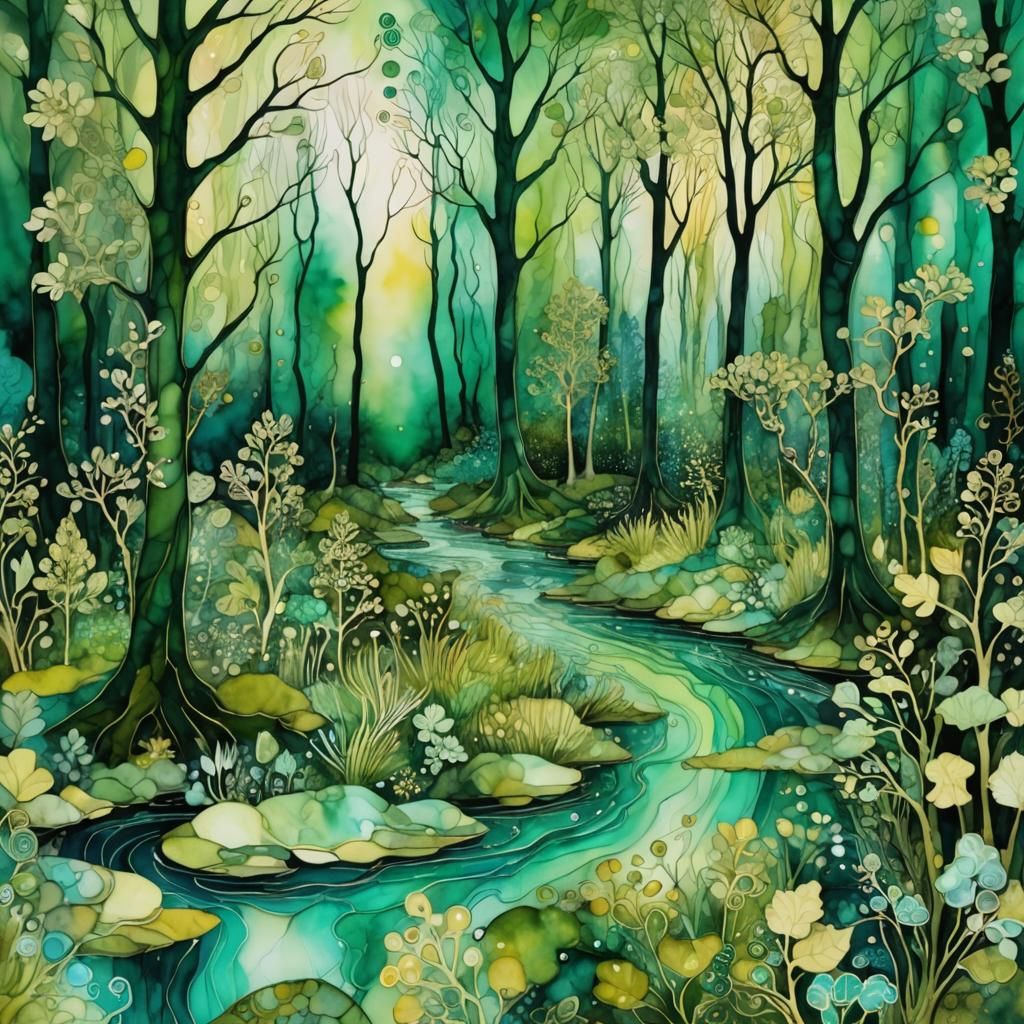 whimsical ethereal fantasy forestscape in green-hues, Alcohol ink ...