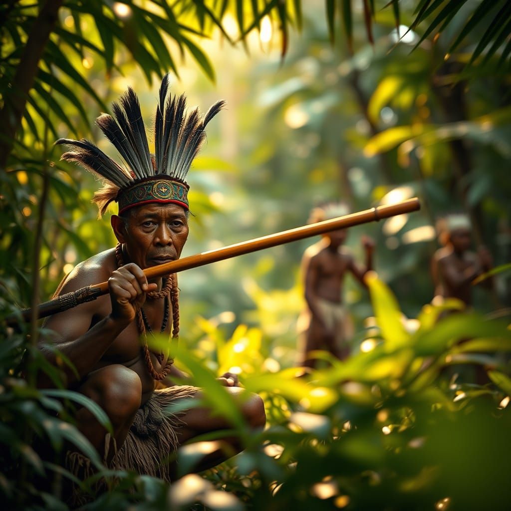 Malaysian Aboriginal Hunter in Jungle Lushness - AI Art
