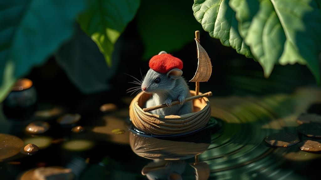 Very Mice Sailing - Adorable Mouse at Peace in Serene Puddle...