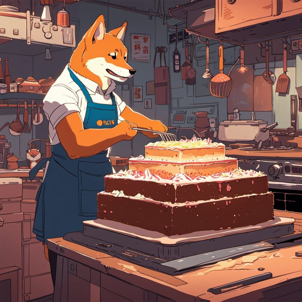 Happy shiba inu baking a cake - AI Generated Artwork - NightCafe Creator