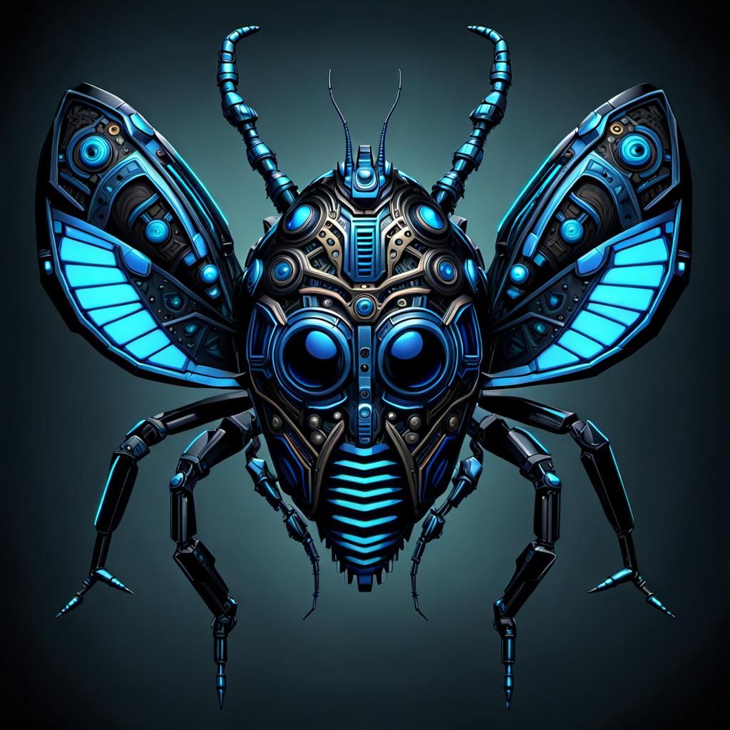 A neon-blue mechanical bug on a black background, Aztec patterns ...