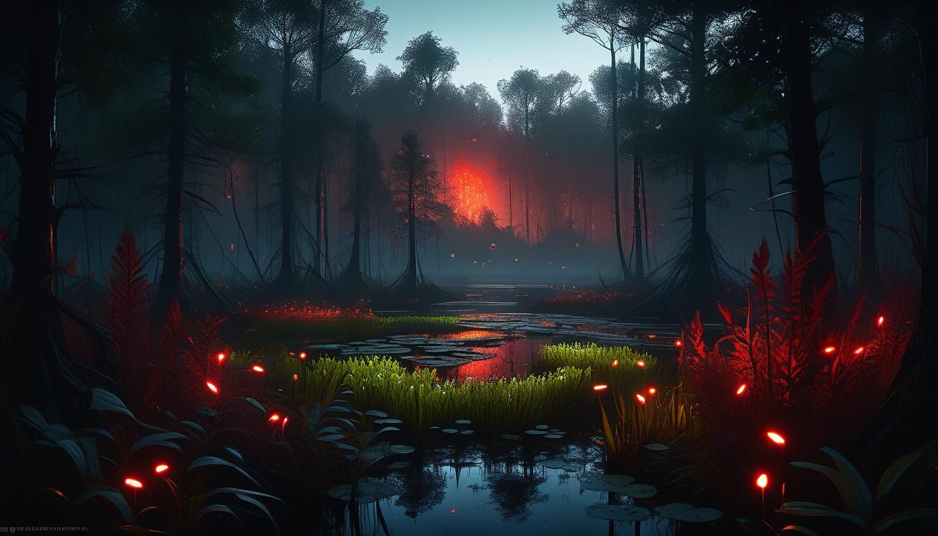 bog, swamp, fireflies, red firefly lights, glowing plants, bog lakes ...